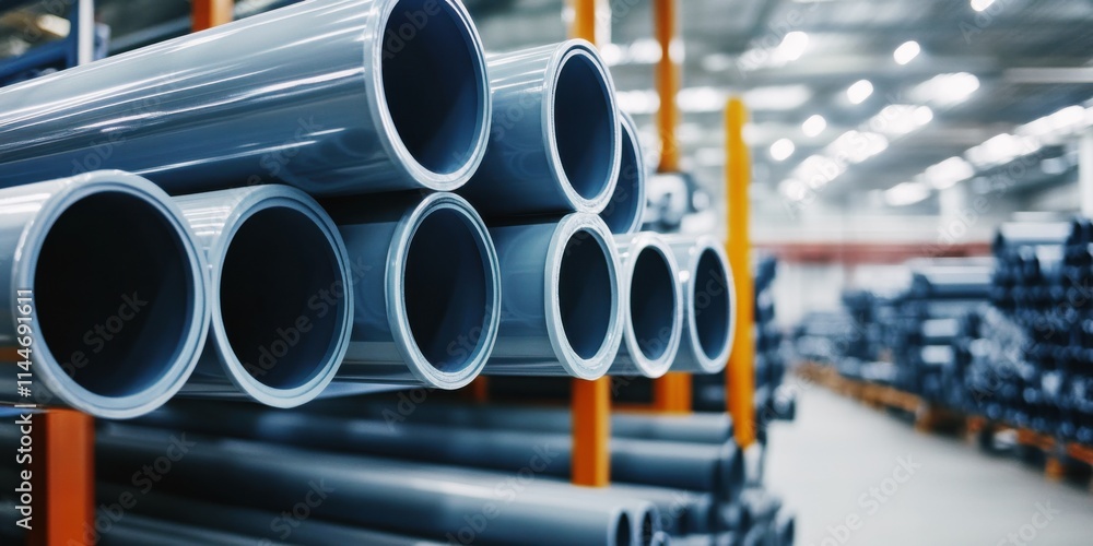 industrial storage of pvc pipes in a modern warehouse facility, durable ...