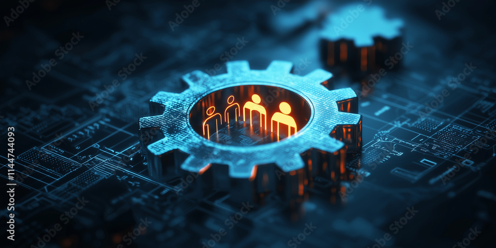 A glowing gear with people icons inside represents teamwork ...
