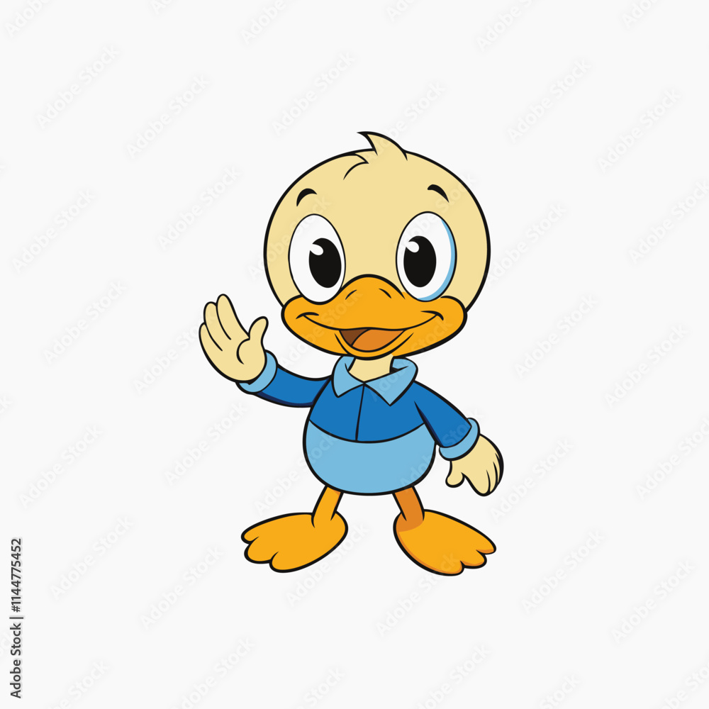 cartoon funny baby duck waving hand vector Hand Drawn Illustration ...