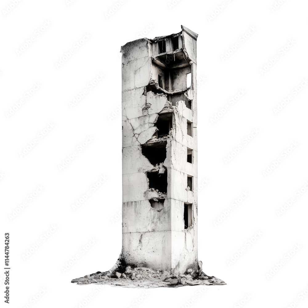 Ruined demolished destructed building isolated on white background war ...