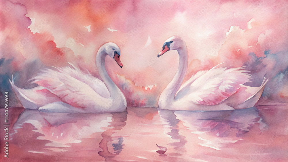 Watercolor swan pair background, two beautifully painted swans on a ...