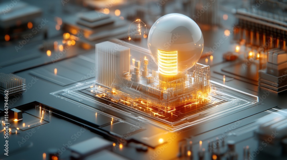 3D rendering of a small light bulb-shaped building on a chip, with a ...