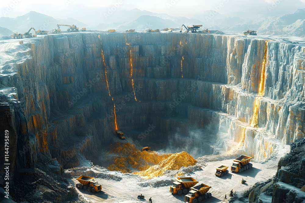 Massive Sunlit Open Pit Gold Mine with Towering Cliffs Excavators and ...