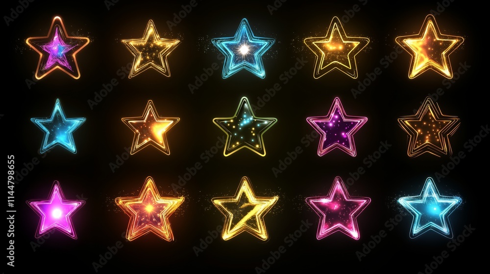 Colorful neon stars with glowing borders and sparkles on a black ...