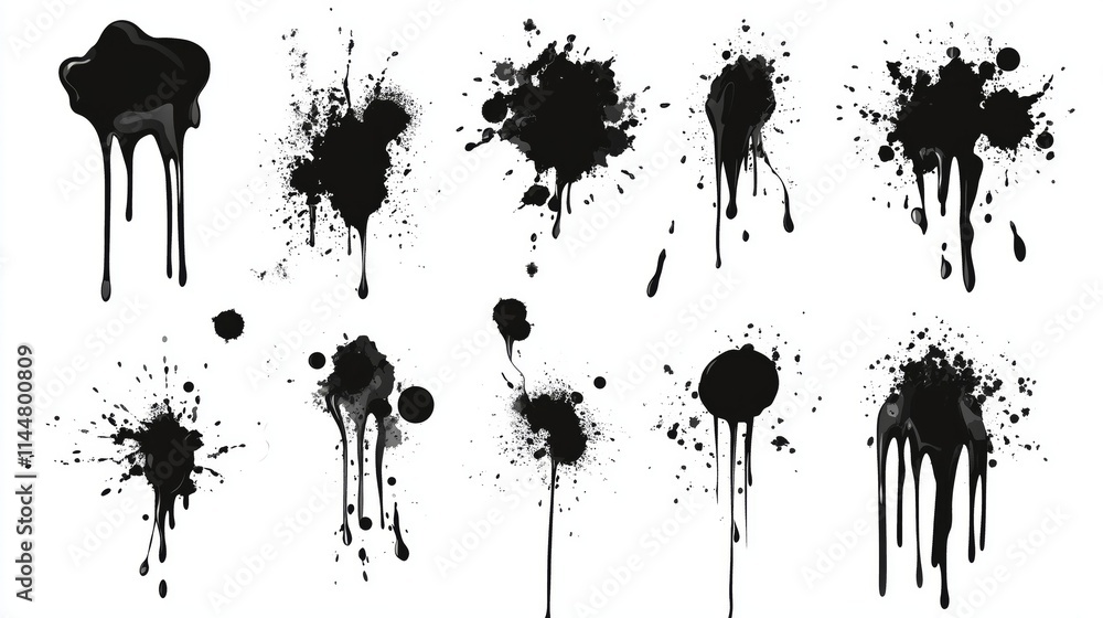 Varied black ink blotches and splashes dripping on white background ...