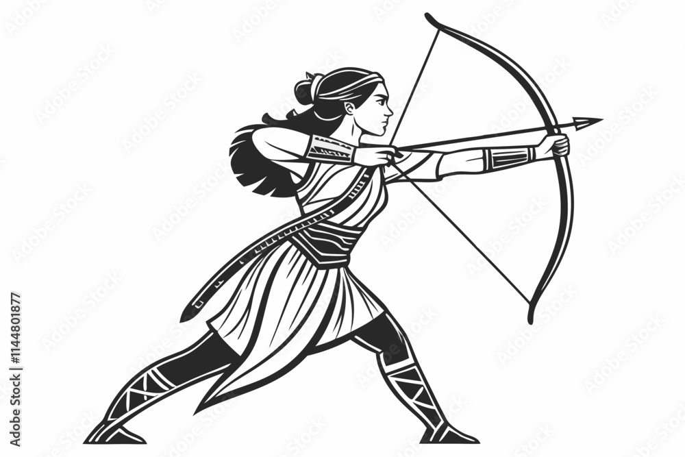 Female Archer, A nimble character drawing a bow with a quiver slung ...