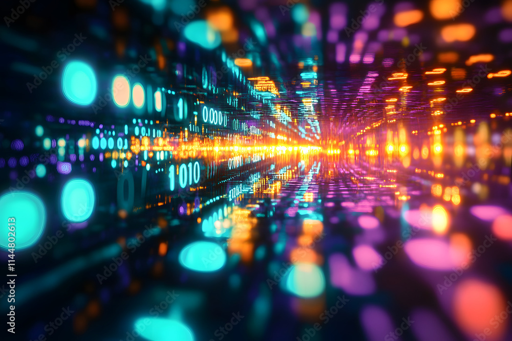 Binary digits surge forward in a luminous display, creating a ...