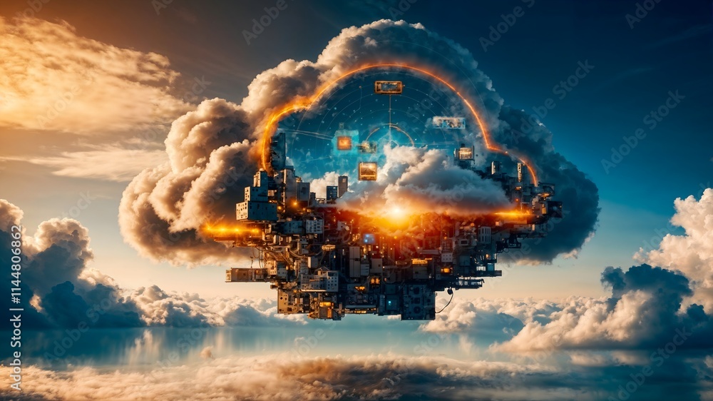 Luminous digital data cloud featuring futuristic city structures, glowing network nodes and ...