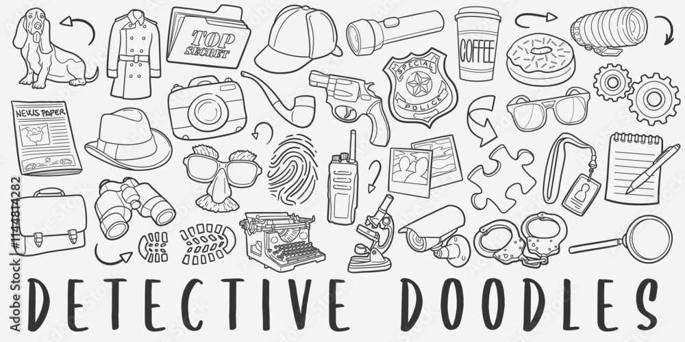 Detective Doodle Icons Black and White Line Art. Spy Clipart Hand Drawn ...