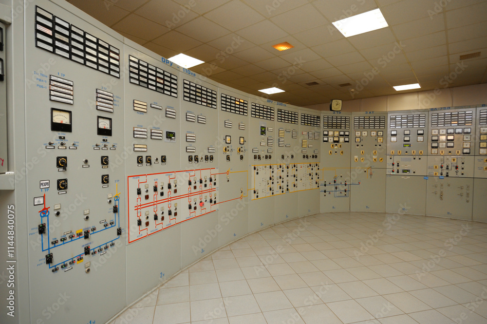 Main control board in a control operations room of the reactor of the ...