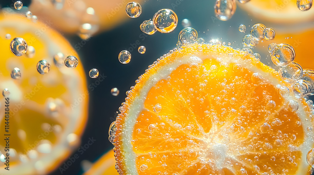 Slices of orange float in sparkling water, enhanced by vibrant bubbles during warm summer ...