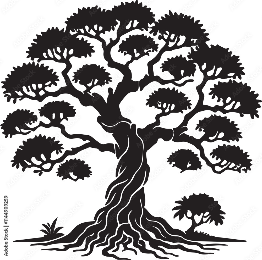 Banyan tree silhouette vector art illustration. Black and white Banyan ...