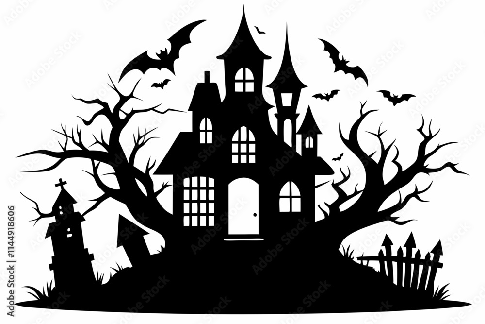 haunted halloween house line art silhouette vector illustration Stock ...