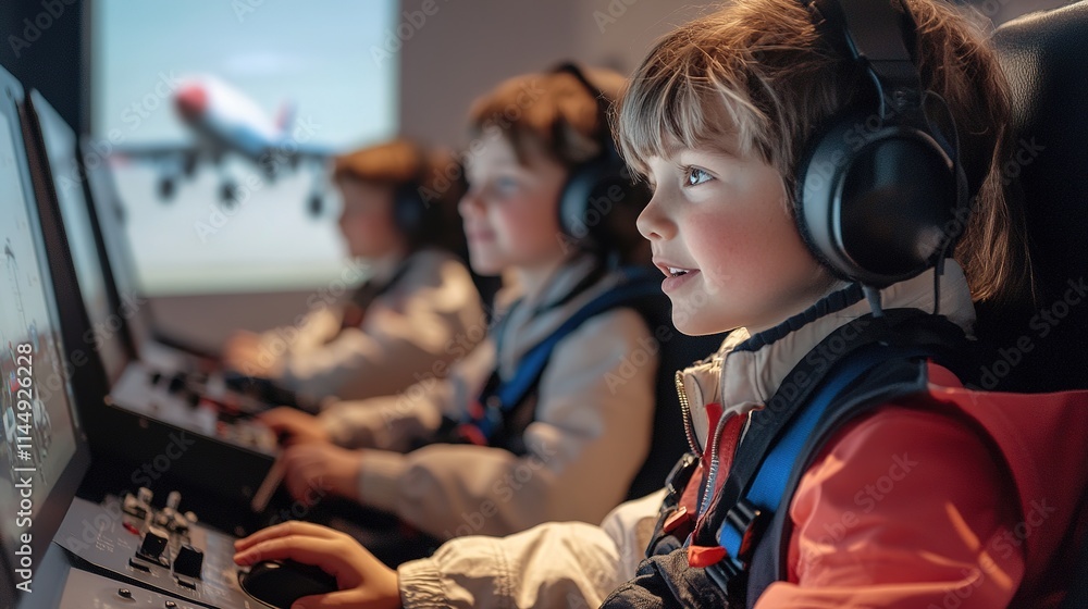 A group of children dressed as pilots, sitting in a flight simulator ...