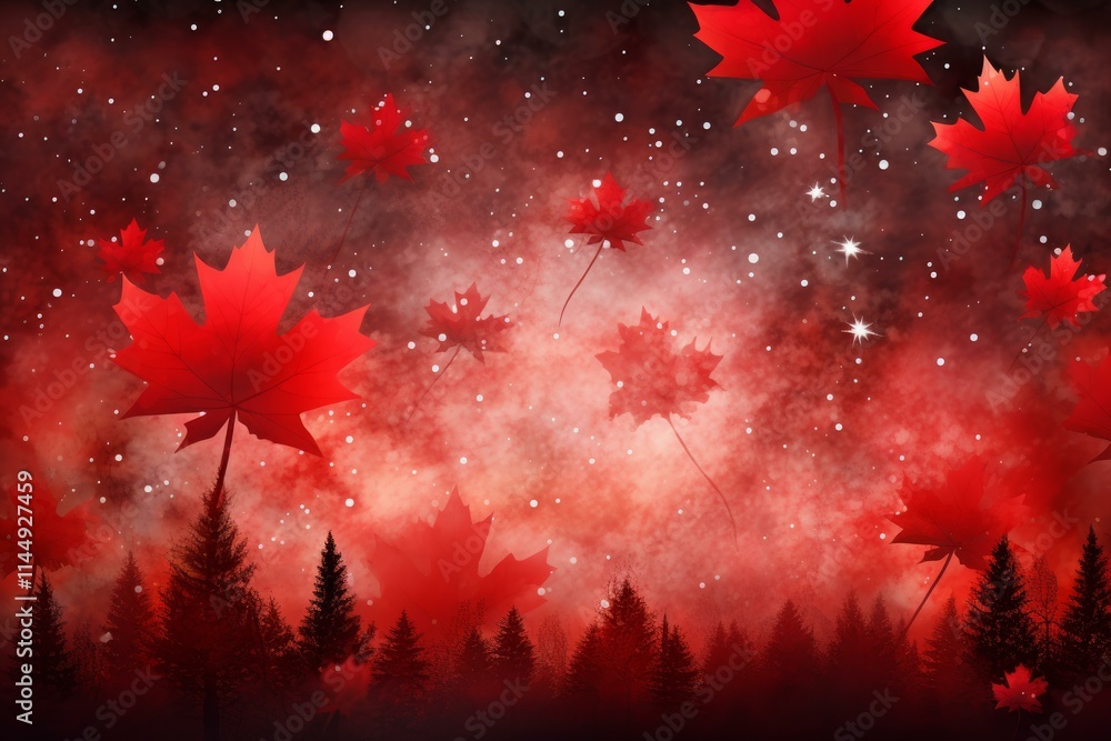 Red maple leaves falling from the sky onto a misty forest with a galaxy ...