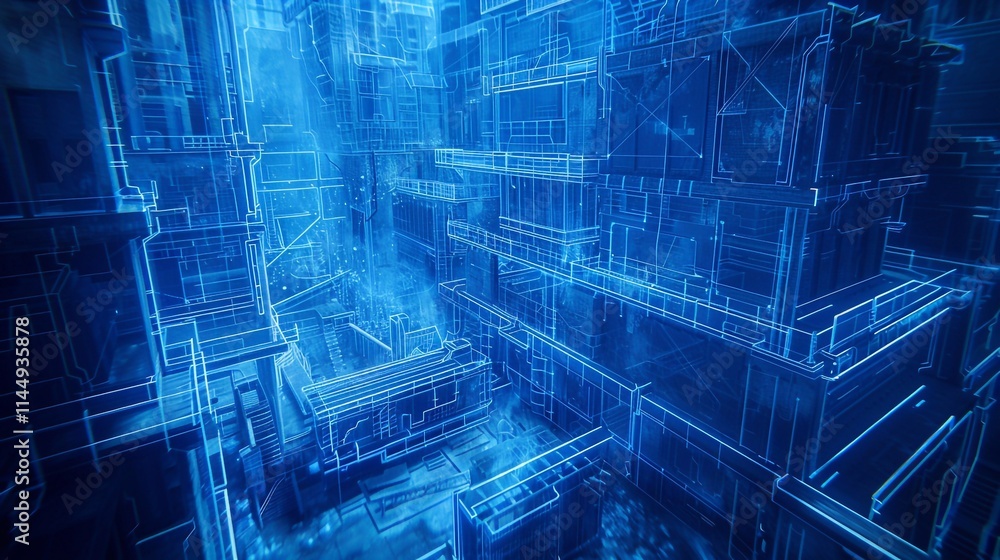 Neon blue Digital construction site sketch. Building 3D Printing, Building Information Modeling ...