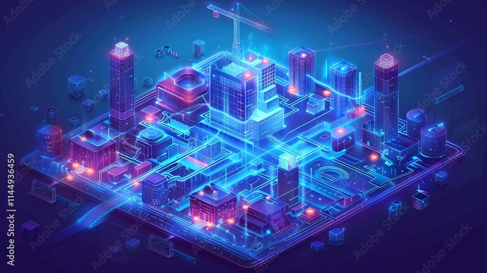 Neon blue Digital construction site sketch. Building 3D Printing, Building Information Modeling ...