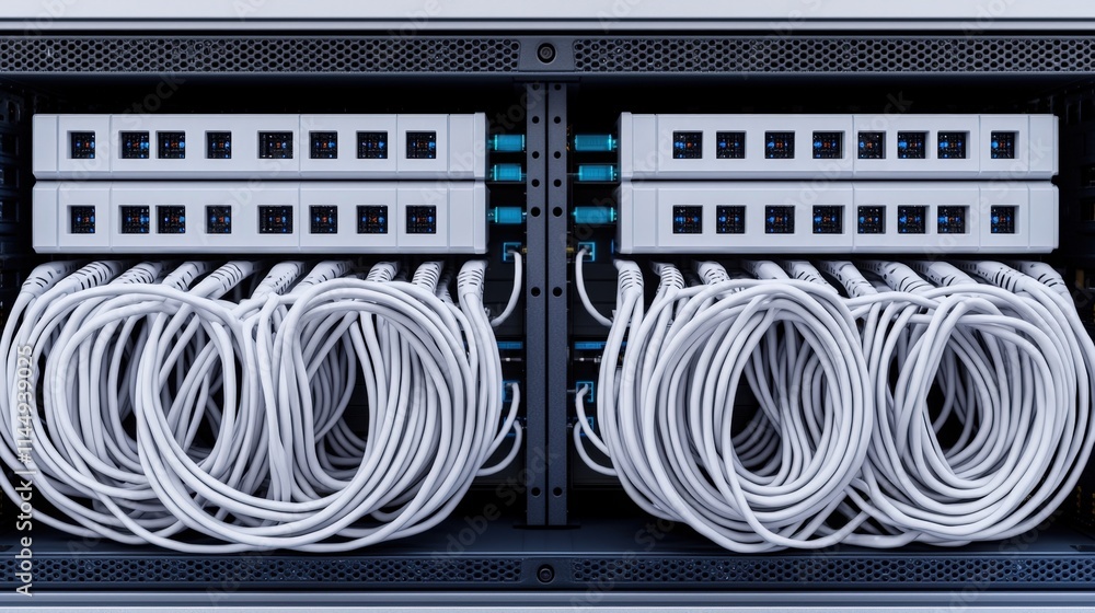 Ethernet network and efficiency concept, A neatly organized server rack ...