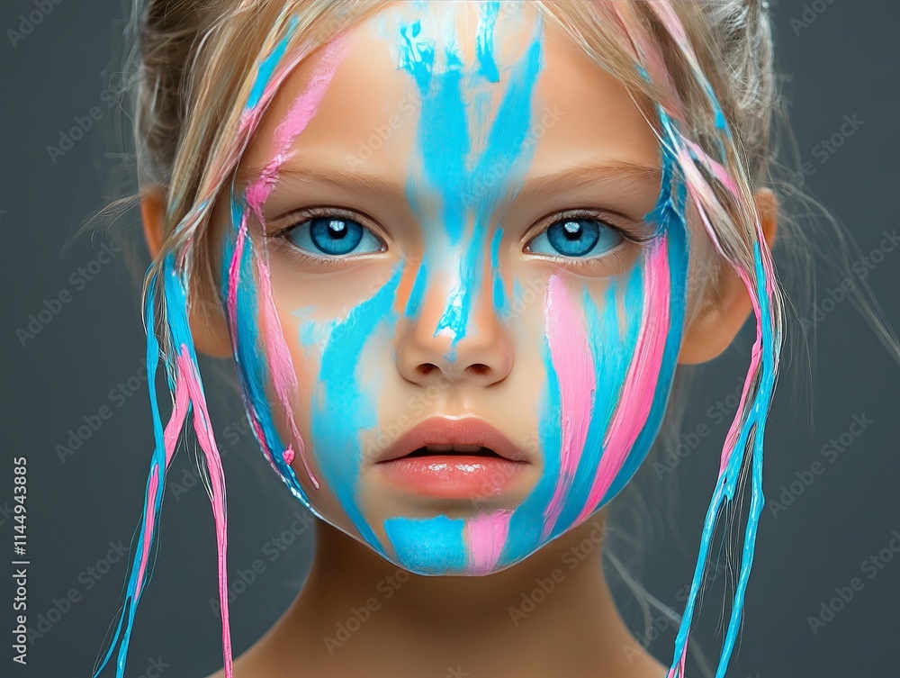 Ethereal portrait of a young girl with pastel pink and blue face paint ...