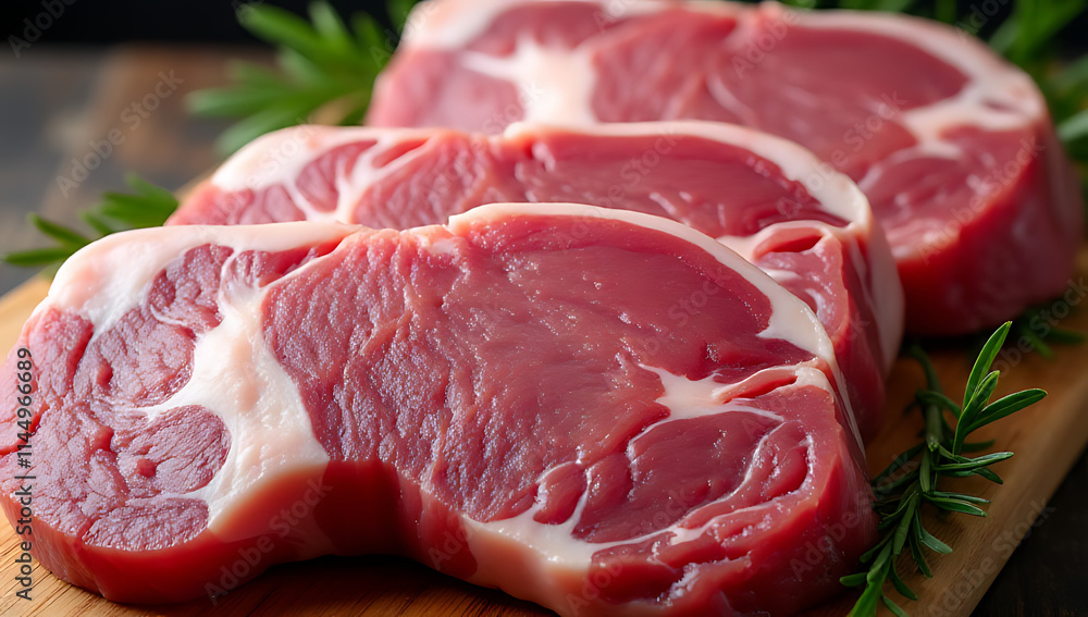 Raw pork shoulder cuts alongside dry aged beef showcase marbled meat ...