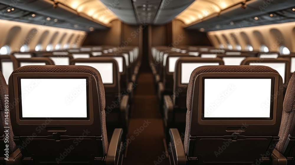 Airplane cabin showcasing blank LCD screen mockups on the back of each ...