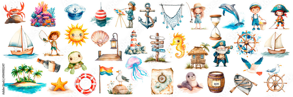 Collection of nautical and beach-themed watercolor illustrations ...