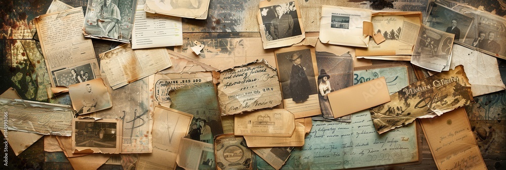 Vintage collage showcasing historical documents and photographs with ...