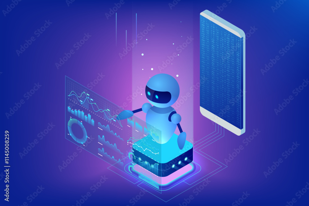 Isometric AI chatbot robot interacting with holographic data dashboards ...
