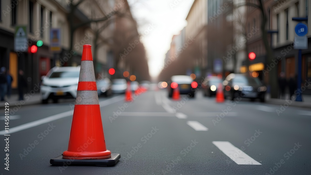 Orange traffic cone in the middle of a city road blocking the car to ...