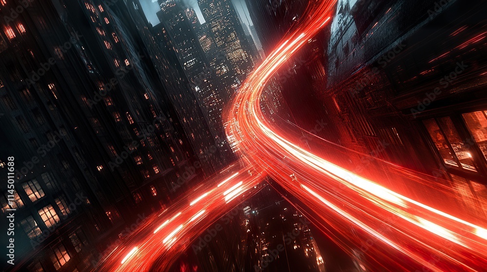 Night city street with vibrant red light trails of speeding cars. Stock ...