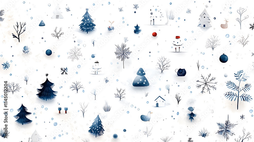 snowy winter landscape with hand drawn doodle patterns featuring trees ...