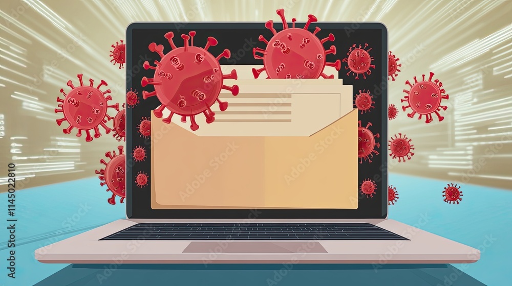 Flat cartoon of a document folder icon on a laptop screen, infected ...