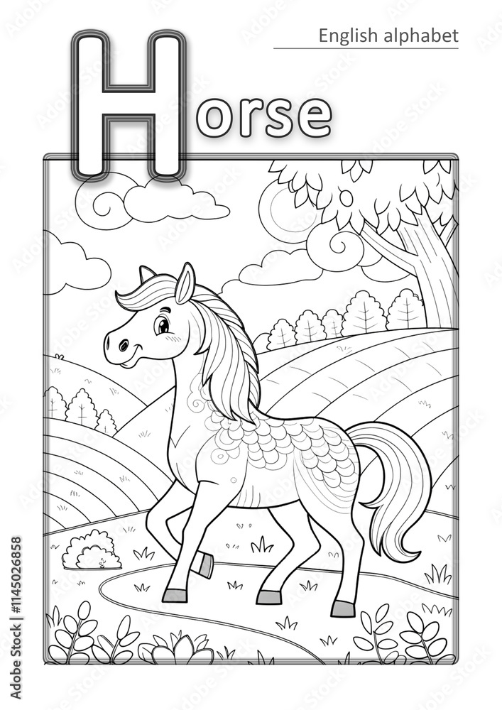 English alphabet, coloring page for children, letter H with a horse ...