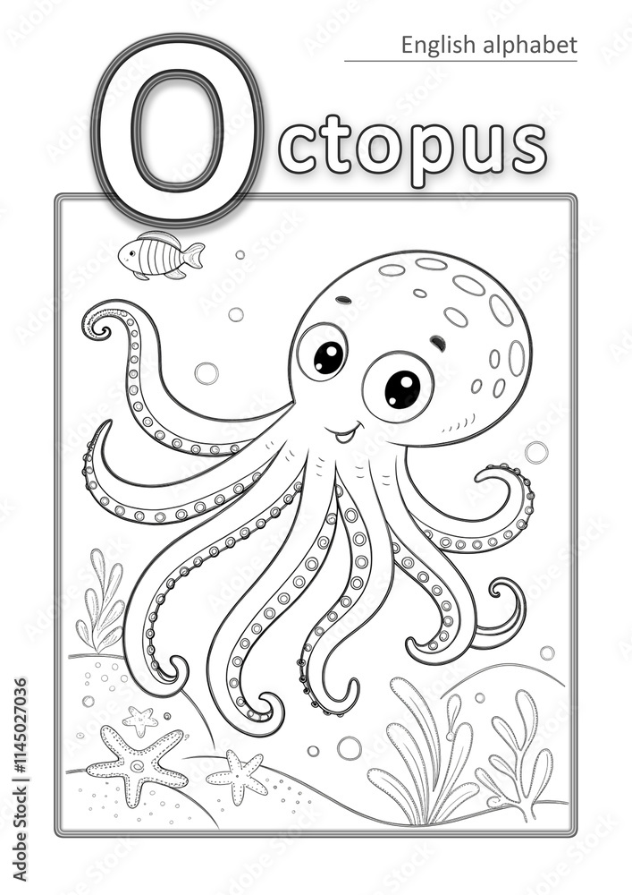English alphabet, coloring page for children, letter O with an octopus ...