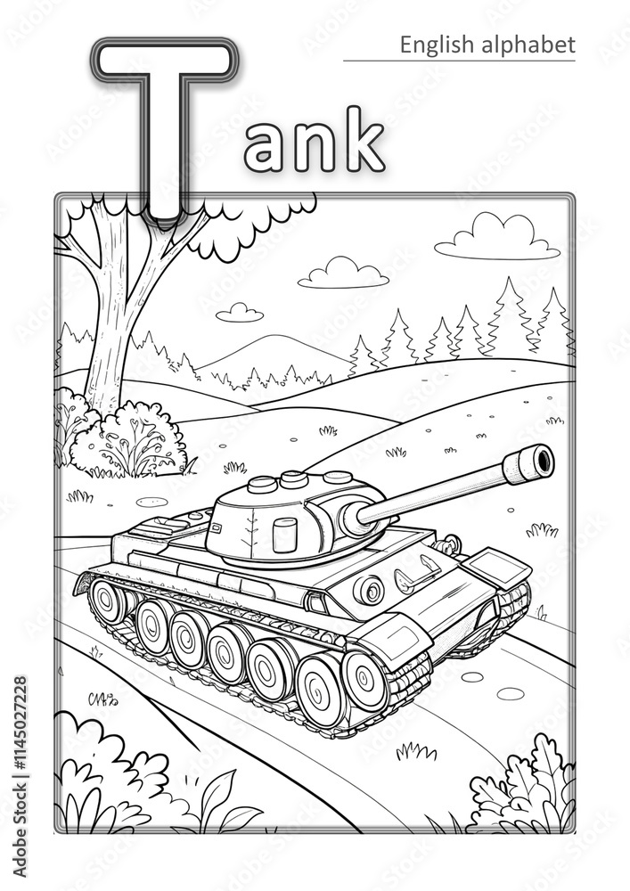 English alphabet, coloring page for children, letter T with a tank ...