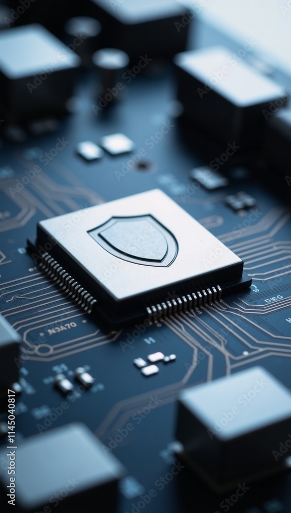 Security technology concept featuring a microchip bearing a shield ...