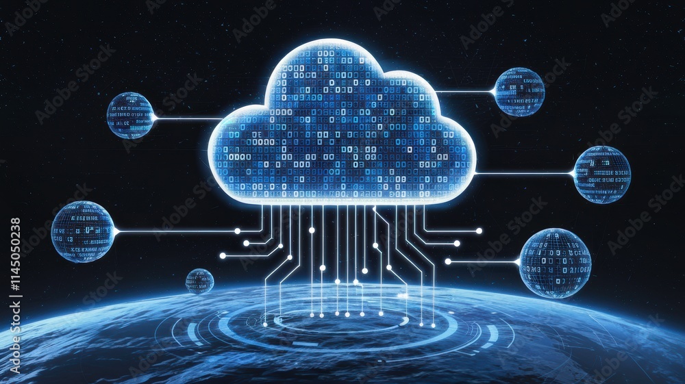 Digital cloud concept connected to floating data hubs and storage ...