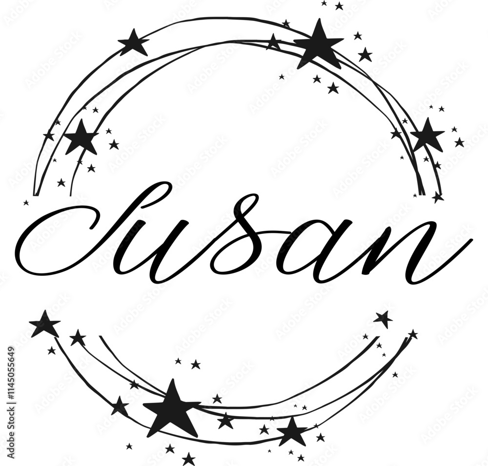 Susan - name written between circles and stars, round logo, vector ...