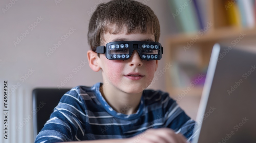 Young Boy Using Assistive Technology for Better Vision While Engaged in ...