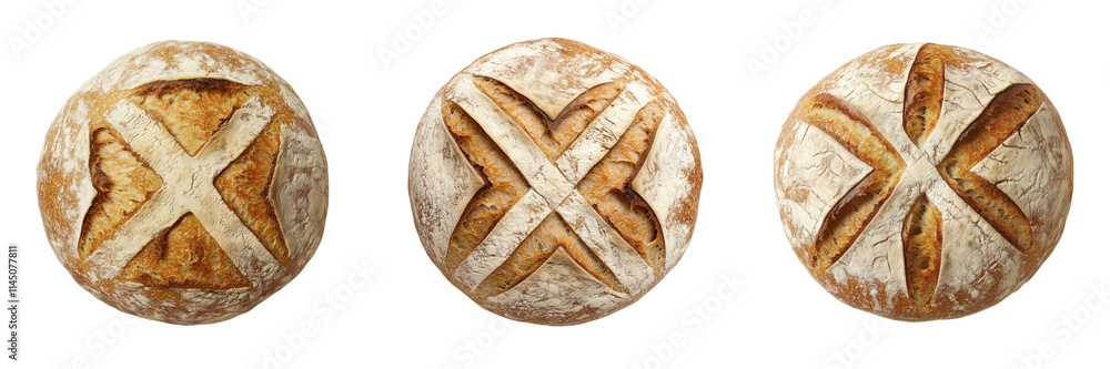 set of A round loaf of sourdough bread with the shape of an X on it ...