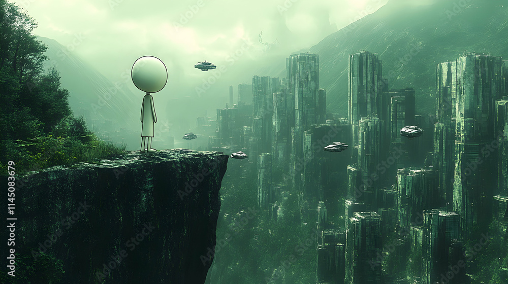 Surreal landscape with a character overlooking a futuristic city and ...