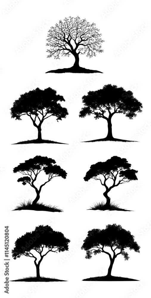 Vector de Stock Tree Silhouettes – 7 Trees, Black and White, Clipart ...