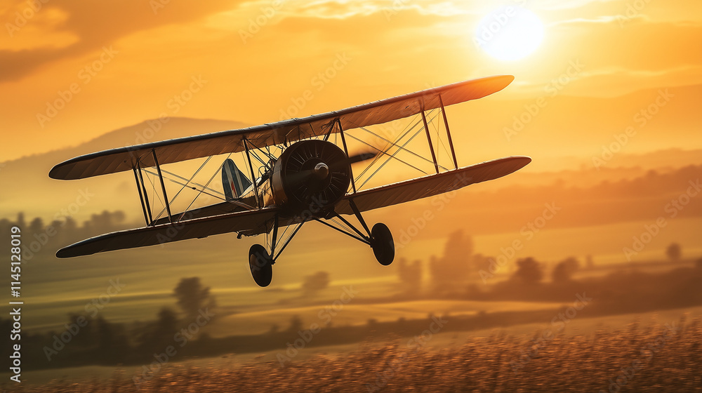A vibrant vintage biplane gracefully flies over a sunlit field, its ...