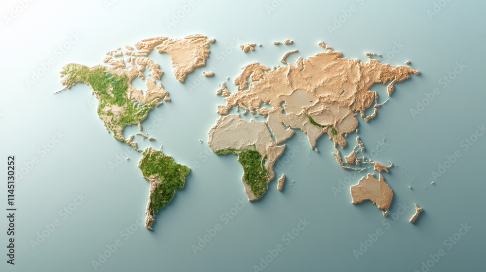 3D relief map of the world highlighting vegetation and landforms. Stock ...