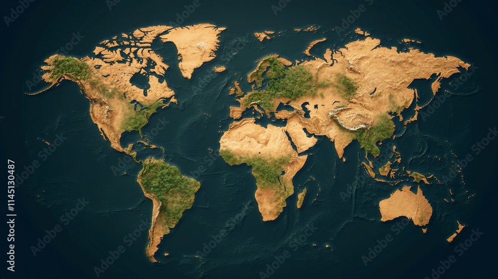 A topographic map of the world highlighting landforms and vegetation ...