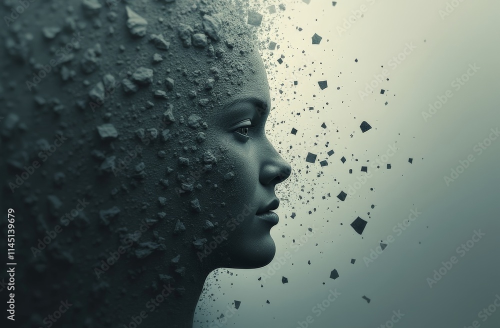 Profile of a woman dissolving into textured fragments in a surreal ...