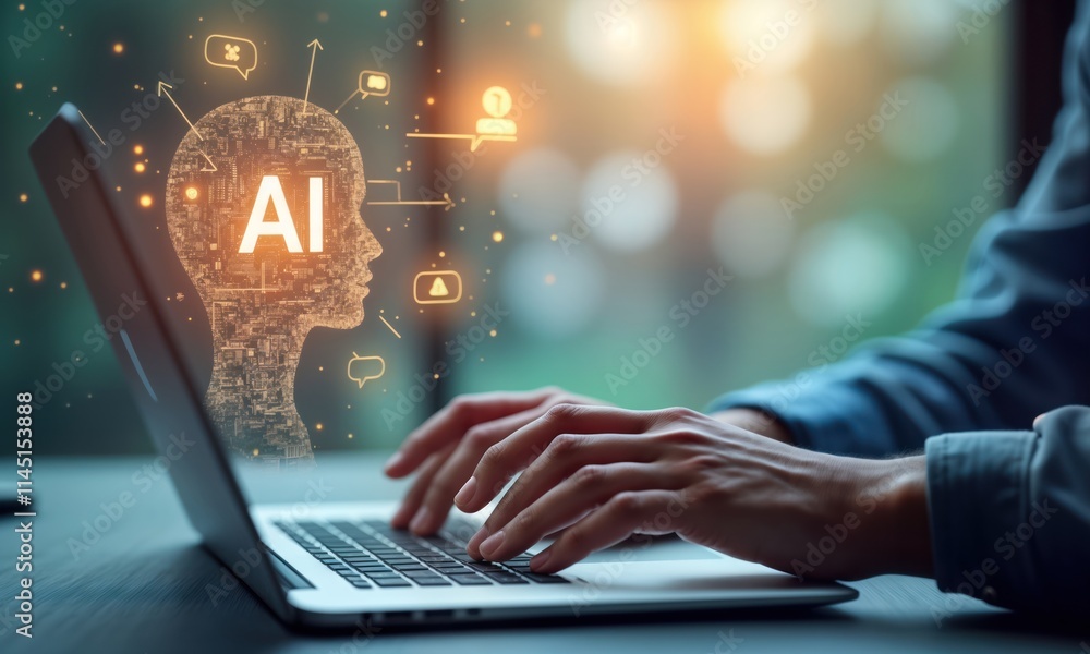 Person types on laptop interacting with AI virtual assistant. AI ...