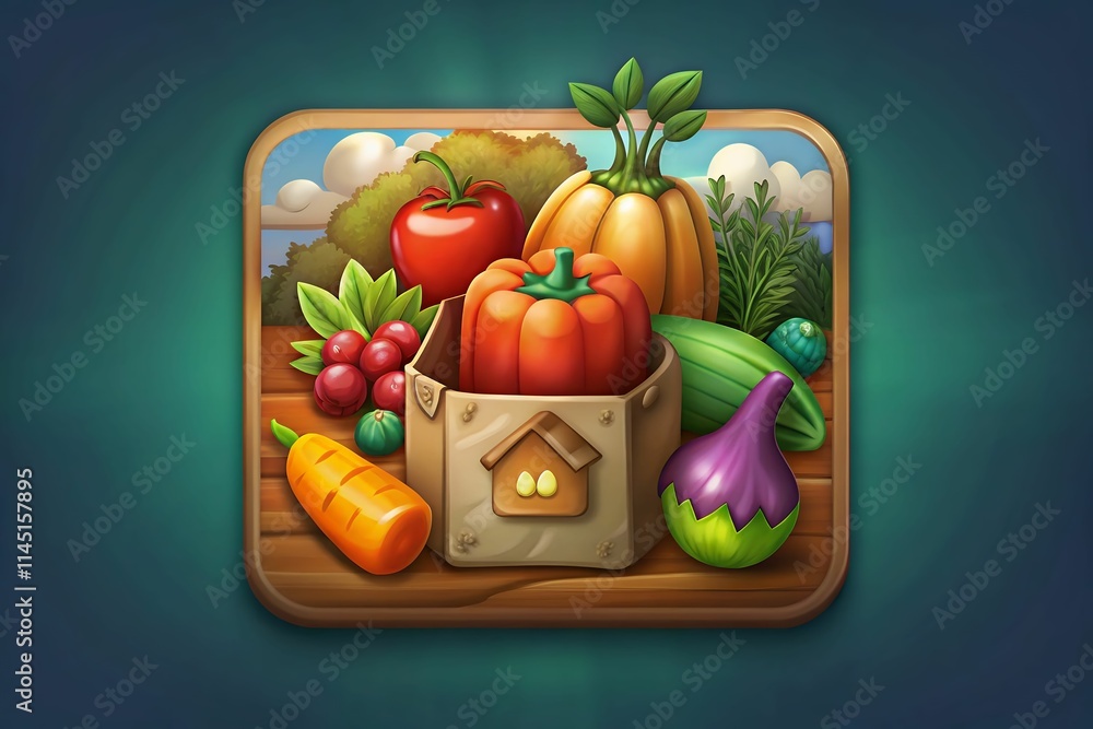 Farm game icon. Vegetable and bag ui item vector. Supermarket grocery ...