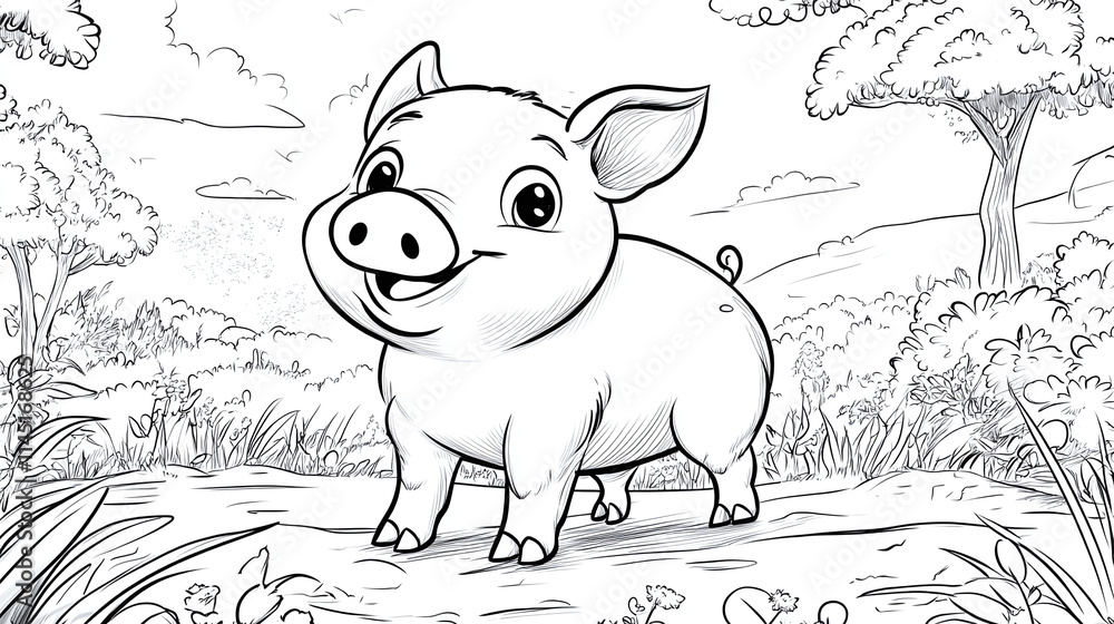 Pig coloring page in book, outline drawing of happy farm animal, nature ...