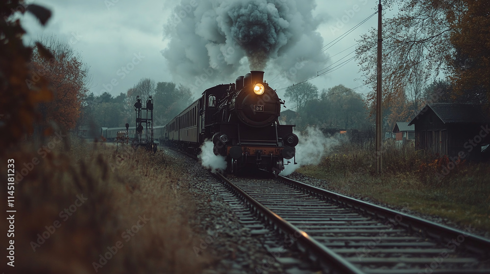 Train emitting smoke as it travels, vintage locomotive on railroad ...